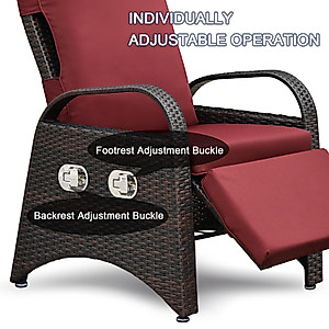 Skypatio Indoor/Outdoor Wicker Recliner Chair, Independently Adjustable Backrest and Footrest Patio Recliner Lounge Chair with Flip Side Table(Red)