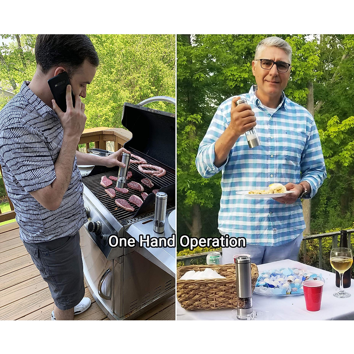 Electric Salt and Pepper Grinder Set by Intense Kitchen - Battery Operated Stainless Steel with Light & Clear Container Mills (2)- Adjustable Ceramic Coarseness - Fast Powerful Mill - One Hand Shakers