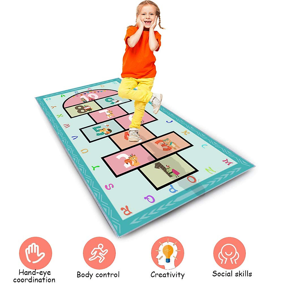 Hopscotch Rug 63”x31, Hop and Count Game Rug with Colorful Alphabet and Animals Design Anti-Slip Kids Play Mat, Soft Floor Area Rug & Carpet Playroom Bedroom Living Room