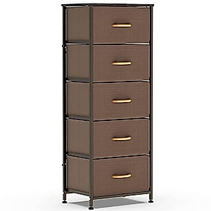DHMAKER Fabric Dresser for Bedroom, Vertical Dresser with 5 Drawers, Storage Tower with Fabric Organizer, Tall Dresser, Dresser & Chests of Drawers for Closet, Nursery Hallway, Brown