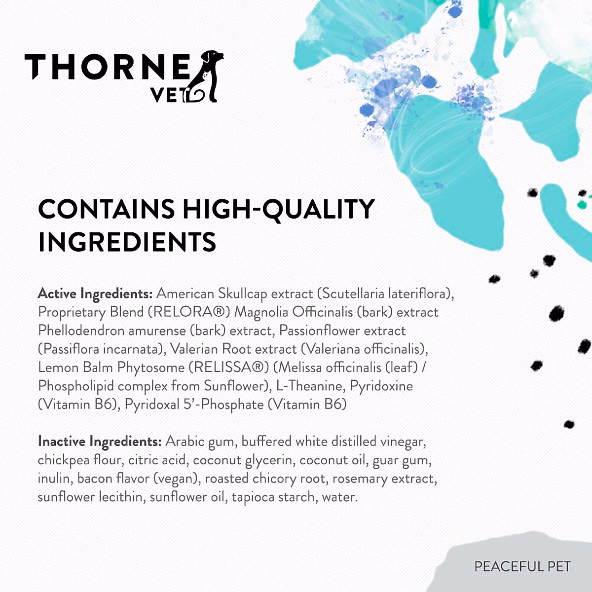 ThorneVet Peaceful Pet Calming Chews for Dogs & Cats - Soft Chews with Calming Nutrients & Botanicals to Support a Healthy Nervous System - Bacon Flavor Dog Treats with Amino Acids & Vitamins - 90 ct