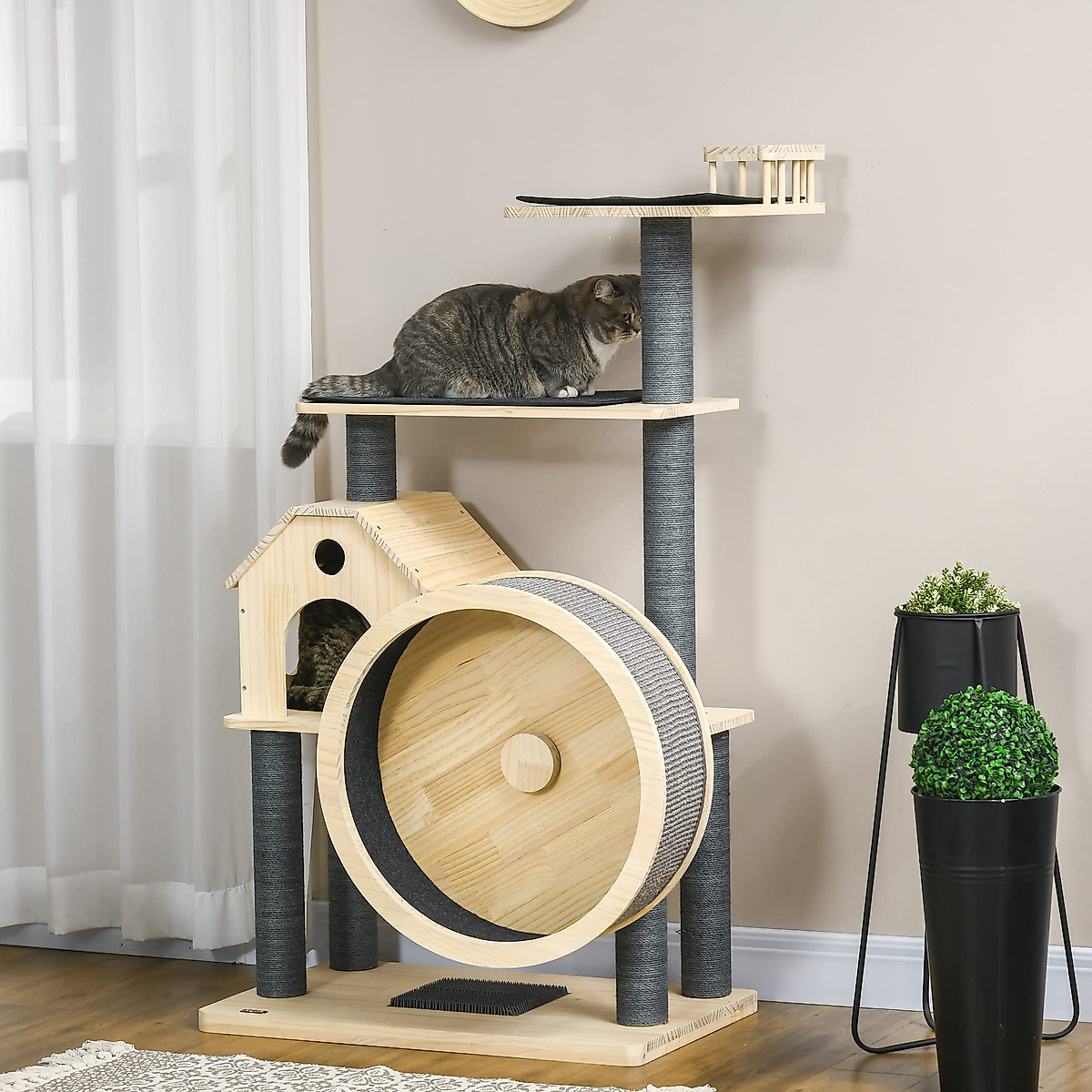 PawHut 56" Cat Tree Activity Condo Luxury Pine Wood with Hamster-Wheel, Sisal Scratching Posts, Elevated Perches, & Roomy Interior