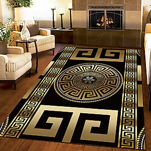 Retro Black Gold Greek Key Area Rugs, 3D Geometric Print Carpet, Indoor Non-Slip Kids Rugs, Machine Washable Breathable Durable Carpet for Front Entrance Floor Decor,2 x 3ft