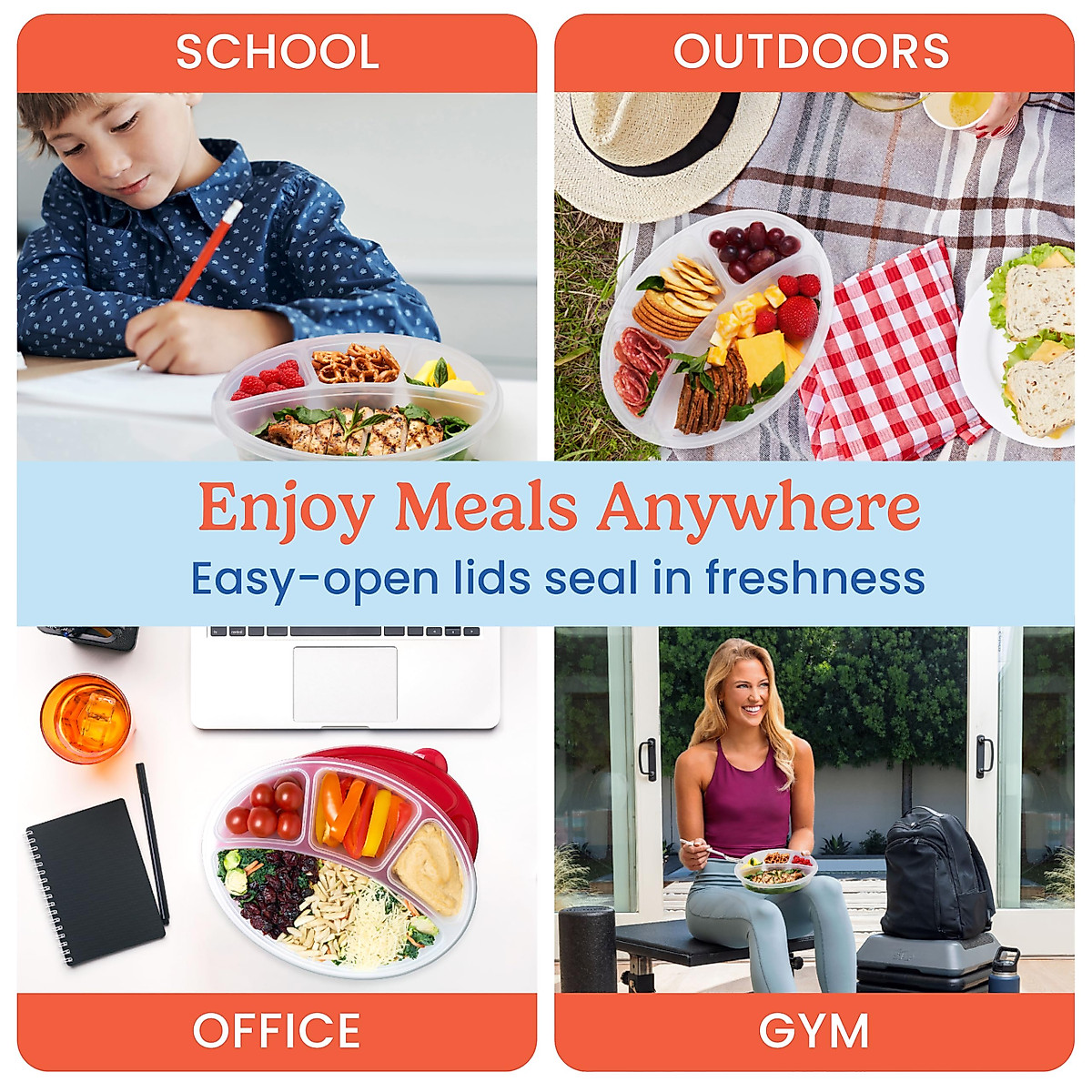 EasyLunchboxes® - Oval Lunch Boxes - Reusable 4-Compartment Food Containers for Work, Travel and Meal Prep, Set of 4, (Classic)