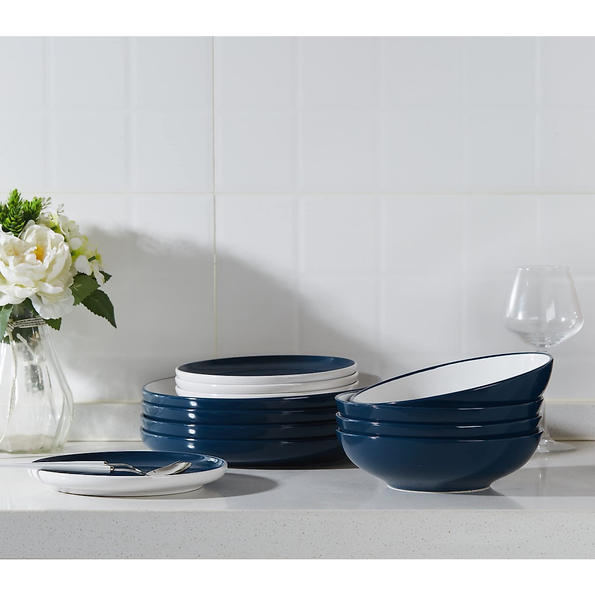 GBHOME 8.75'' Large Pasta Bowls Set of 4, 42oz Stoneware Deep Salad Pasta Bowls for Kitchen, Chip-resistant Bowls Set for Salad Pasta Meal, Microwave and Dishwasher Safe, White-Cobalt