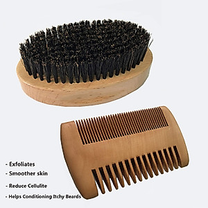 Beard Comb & Beard Brush Set Natural Boar Bristle Brush and Dual Action Pear Wood Comb to Spread Balm or Oil for Growth - Softness Exfoliates Skin Helps Softening and Conditioning