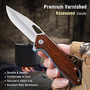 KEXMO Pocket Knife for Men - 2.96'' Ultra Sharp D2 Blade Rosewood Handle Folding Pocket Knife with Clip - Small EDC Wood Knife for Tactical Survival Camping Hunting Gift for Men Dad Husband Women