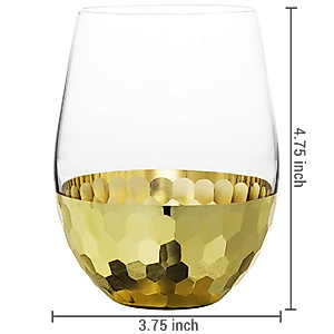 MyGift Modern Wine Glasses Stemless Set of 4 with Hammered Brass Metal Bottoms, Mimosa Glasses, Cocktail Glasses, Bridesmaid Toasting Glasses