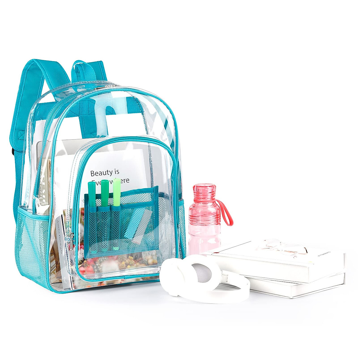 Clear Backpack Heavy Duty with Reinforced Straps, Side Pockets for Kids, Boys, Girls, School - Turquoise,Teal