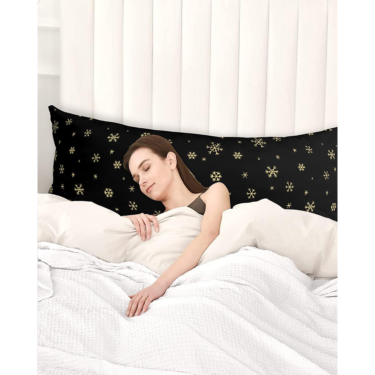 Edwiinsa Golden Snowflake Body Pillow Covers 20x54 Side Sleeper Pillow, Plush Soft Comfort for Hair/Skin Cooling Pillowcases with Envelop Closure Throw Covers Merry Christmas Winter Black