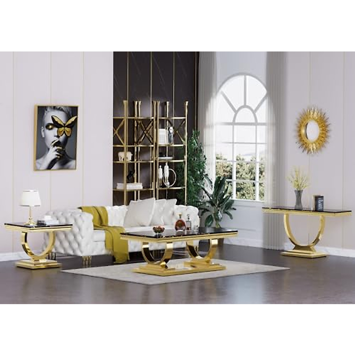 47 Inch Marble Console Table w/Gold U-Shaped Stainless Steel Base Mid-Century Modern Entryway Table for Living Room Hallway Luxury Foyer Table Sofa Table witn High Glossy Finish (Black&Gold)