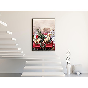 Christmas 5D Diamond Painting Kits for Adults Beginners,Winter Dogs Truck Round Full Drill Diamond Art,DIY Paint by Diamonds Dots Art Kits, Home Wall Decor 12x16 Inch