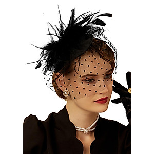 Cizoe Black 1920s Fascinator Hats for Women 20s 50s Vintage Feather Hat,Necklace,Gloves,Earrings(A-Big feather set)
