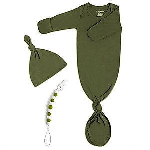 Newborn Baby Knotted Gown, Super Soft Silky Infant Long Sleeve Sleeper for Baby Girl and Boy Sleeping Bag with Mittens and Hat Set (Extra Long)