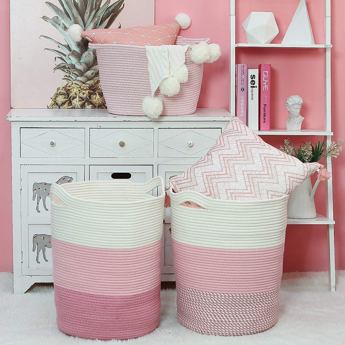 Sea Team Large Size Cotton Rope Woven Storage Basket with Handles, Laundry Hamper, Fabric Bucket, Drum, Clothes Toys Organizer for Kid's Room, 20 x 14 inches, Round Open Design, White & Pink