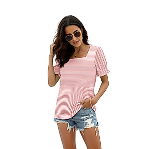 WIHOLL Summer Tops Women 2025 Dressy Casual Square Neck Easter Shirts Outfits Beach Vacation Clothes Pink Stripe L