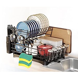 RayLove Large Dish Drying Rack for Kitchen Counter, 2 Tier Dish Drying Rack with Drainboard, Utensil Holder and Detachable Dish Drainer Organizer Shelf (Black)