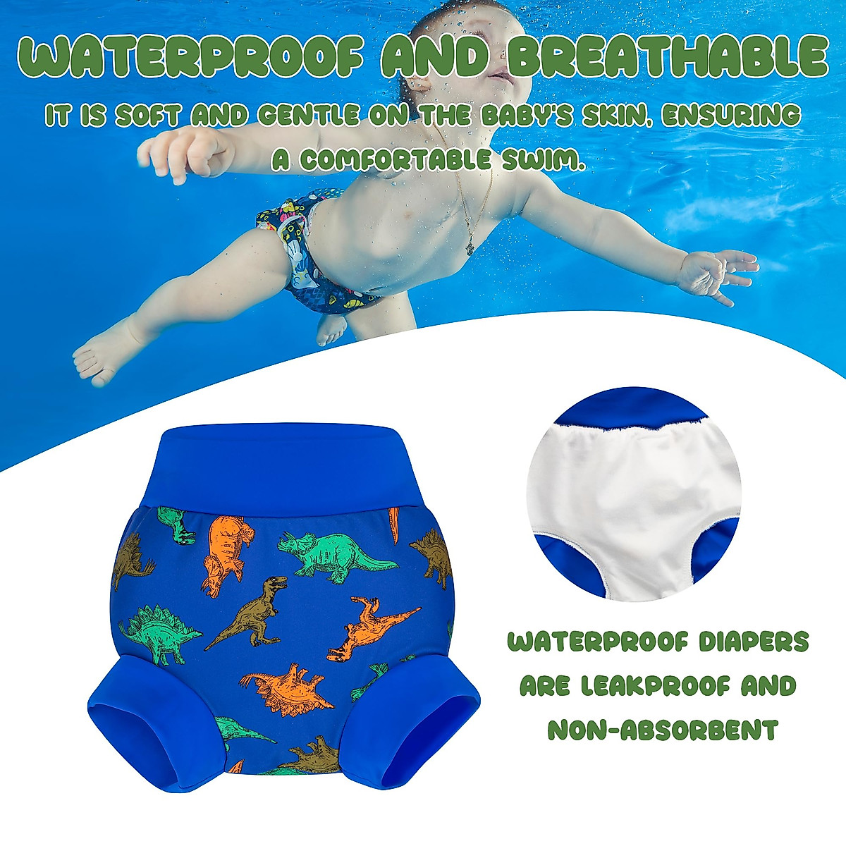 BIG ELEPHANT Baby Swim Diapers 3pcs, Reusable Adjustable Washable Waterproof Swimming Diaper for Boy's and Girl's, 12-24 Months