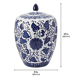 Mikasa 8x8x12 Inch Blue and White Floral Ceramic Canister with Lid