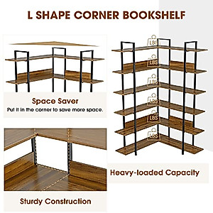 IMGDD 74.8 Inch Bookshelf L-Shape MDF Boards Stainless Steel Frame Corner 6-Tier Shelves Adjustable Foot Pads (Brown)