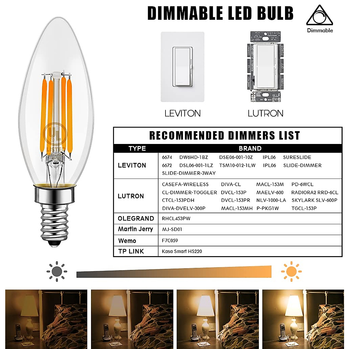 Emotionlite LED Light Bulbs, Dimmable Candelabra Bulbs, E12 Base, Warm White, Chandelier Light, Ceiling Fan Bulb, 40W Equivalent, 4W, 2700K, 350LM, UL Listed, 6 Pack