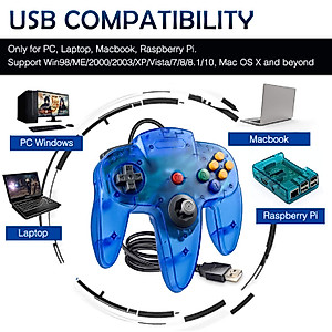 2 Pack N64 USB Controller, miadore USB Retro N64 Gamepad Joystick Raspberry Pi Controller for Windows PC MAC Linux (Clear Blue)