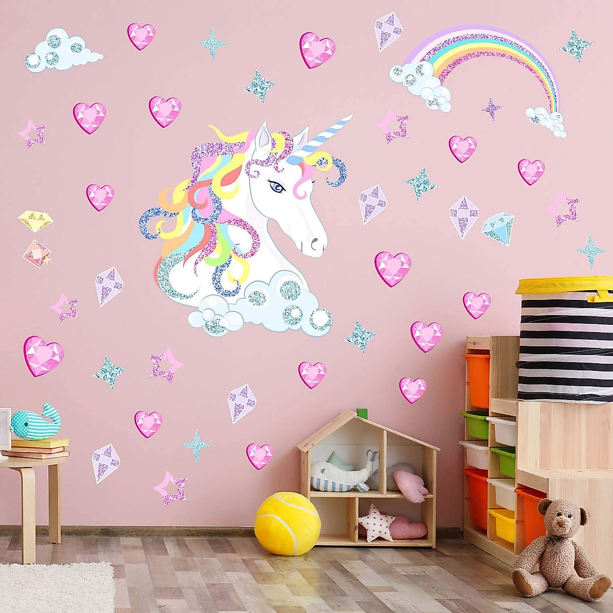 Rainbow Unicorn Wall Decals Gifts for Kids Decor with Hearts Girls Room Wall Stickers Nursery Vinyl Polka Bedroom (2PCS)