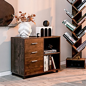 Giantex 3-Drawer Lateral File Cabinet - Mobile Rolling Printer Stand with 2 Open Storage Shelves, Hanging Bar for Letter Size Files, Filing Cabinet Under Desk on Wheels for Home & Office Organization