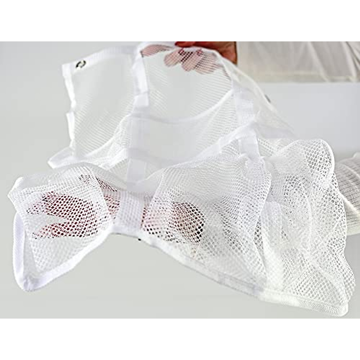 Home-X 6-Pocket Mesh Hanging Shower Caddy, Hang from Curtain Rods or Over the Door, Simple Bathroom Organizer for Soap, Shampoo, and More, 22" L x 15 ½” W, White
