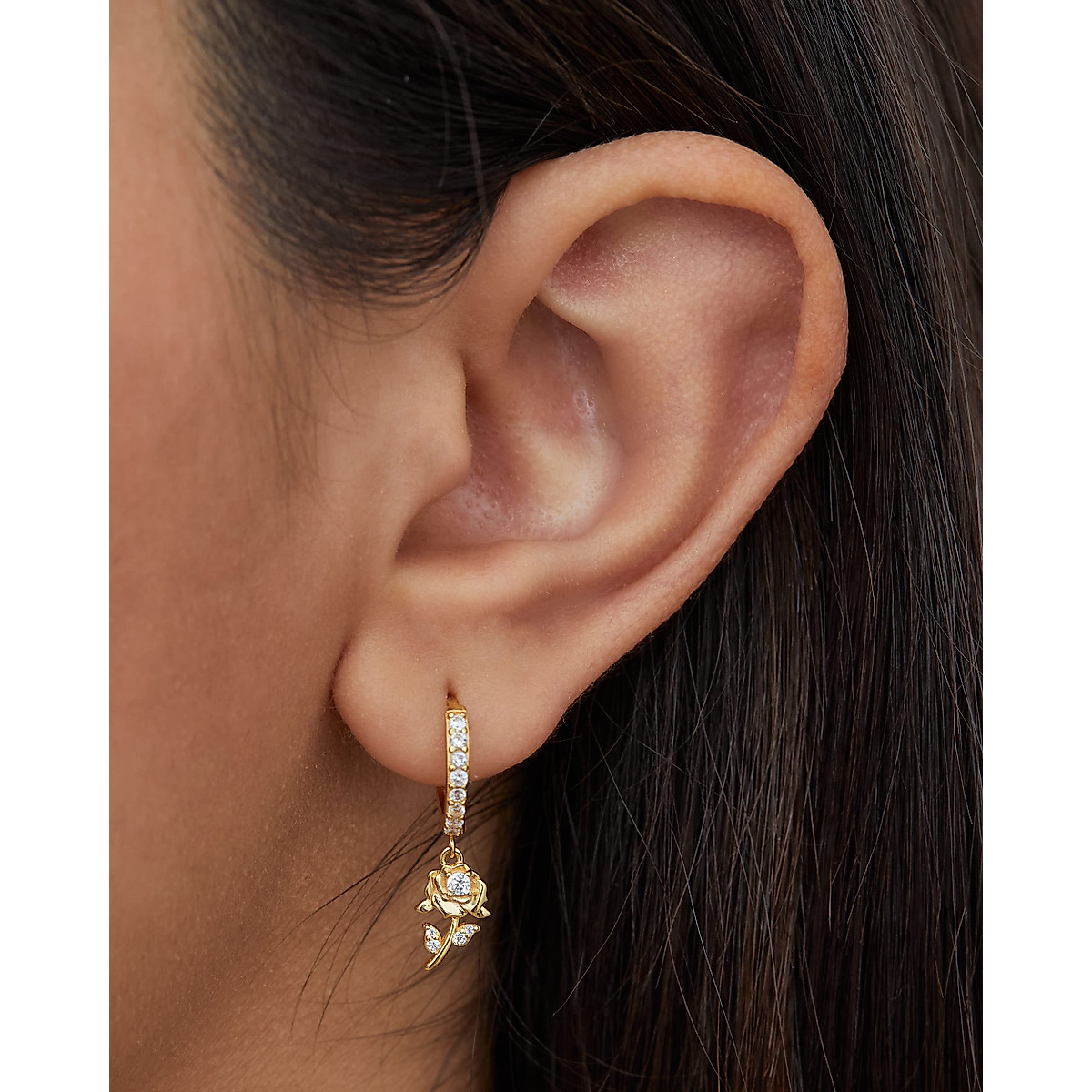 Disney Beauty and the Beast Flash Plated Sterling Silver Cubic Zirconia Huggie Hoop Earrings, Official License