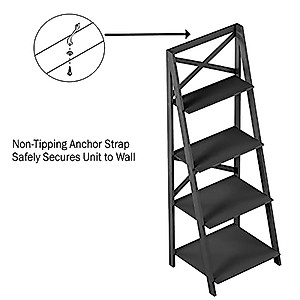 Lavish Home 4-Tier Ladder Bookshelf - Freestanding Shelved Bookcase with X-Back Frame and Leaning Look - Display Shelves for Home and Office (Gray)