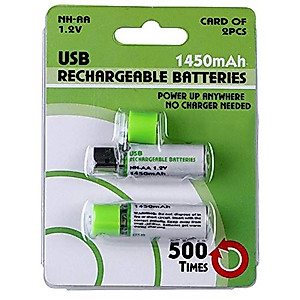 GreenEarth USB Rechargeable AA Batteries | 1450 mAh | Quick Charge USB Charger | 500 Cycles Reusable | NiMH Double A 1.2v (2 Pack)