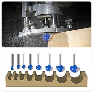 Cove Box Router Bit Set ,Newdeli 8Pcs 1/4 Inch Shank Round Nose Router Bit-1/4" 5/16" 3/8" 1/2" 5/8" 3/4" 7/8" 1" Cutting Diameter, Solid Carbide Double Flute Cove Box Round Nose Woodworking Tool