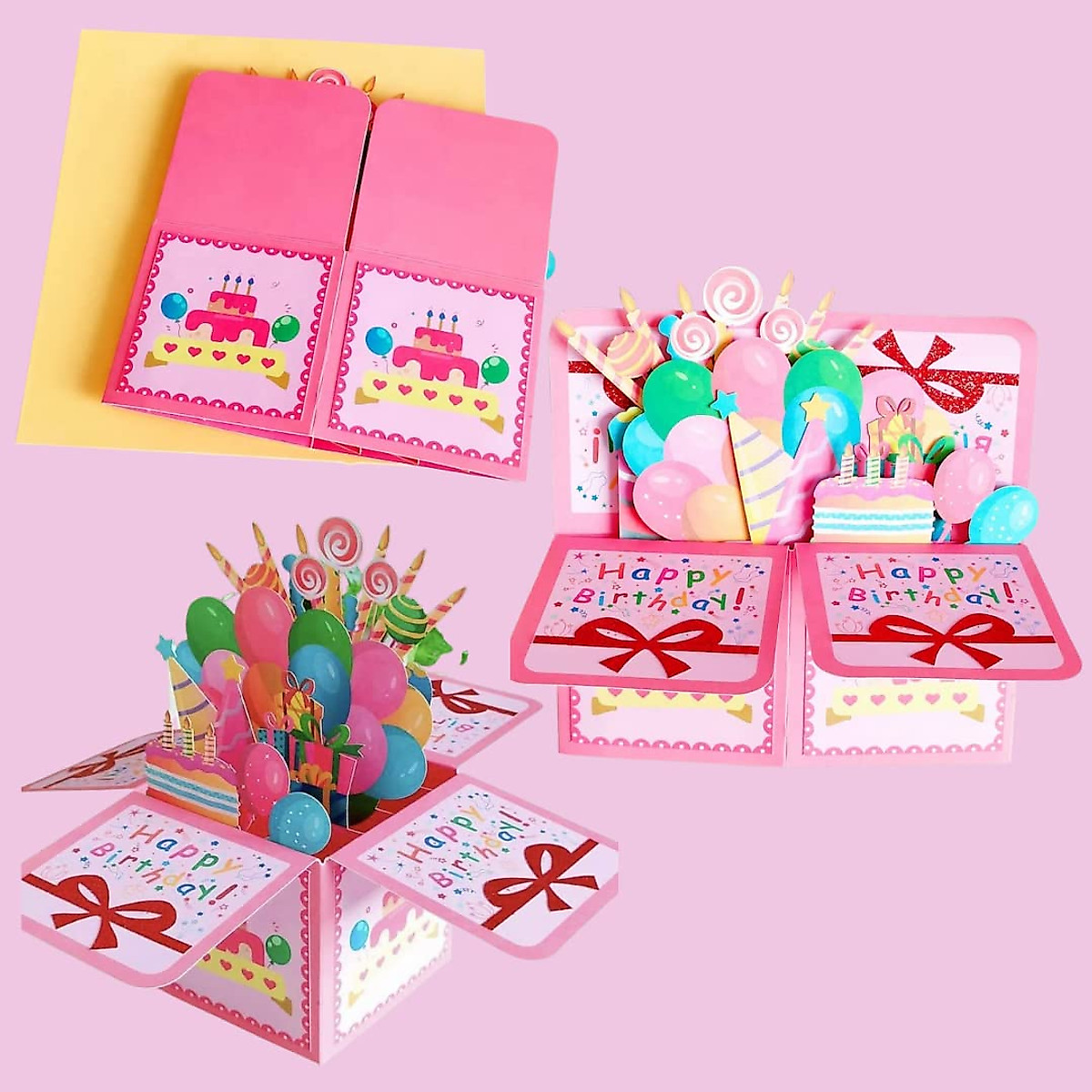 Get Your Merch 3D Popup Happy Birthday Card, Ideal for Sharing a Birthday, Sending a Congratulations, Greeting Card with Envelope and Unique Design- Pink