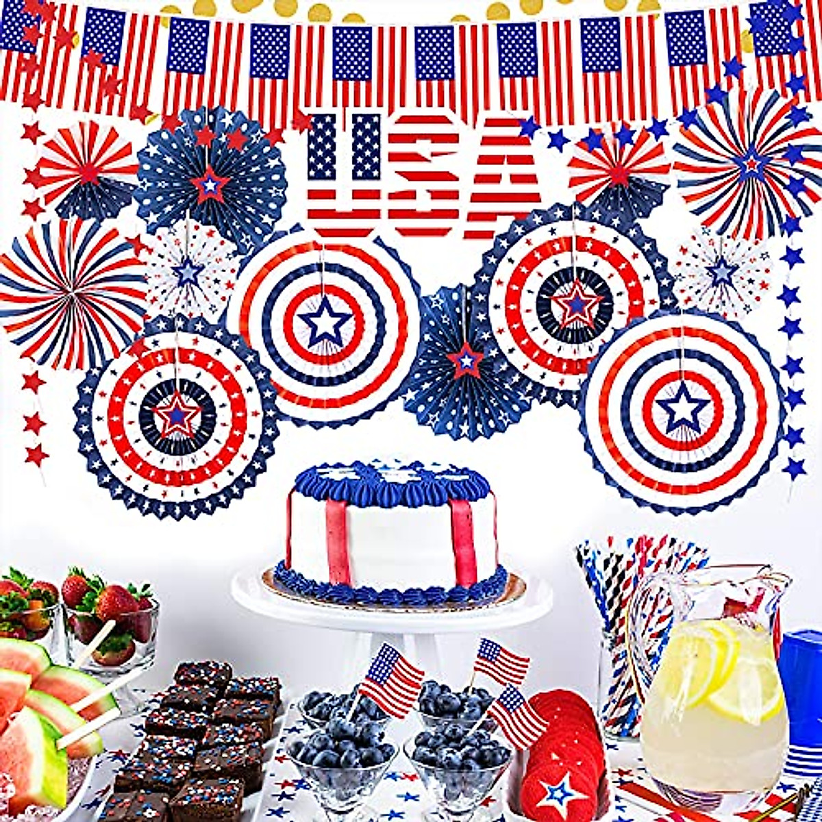Bulk Patriotic Red White Blue Party Decoration Assortment American USA Flag Banner Star Garland Hanging Paper Fans Hanging Swirl Tissue Paper Pom Poms for 4th of July Independence Day Memorial Day