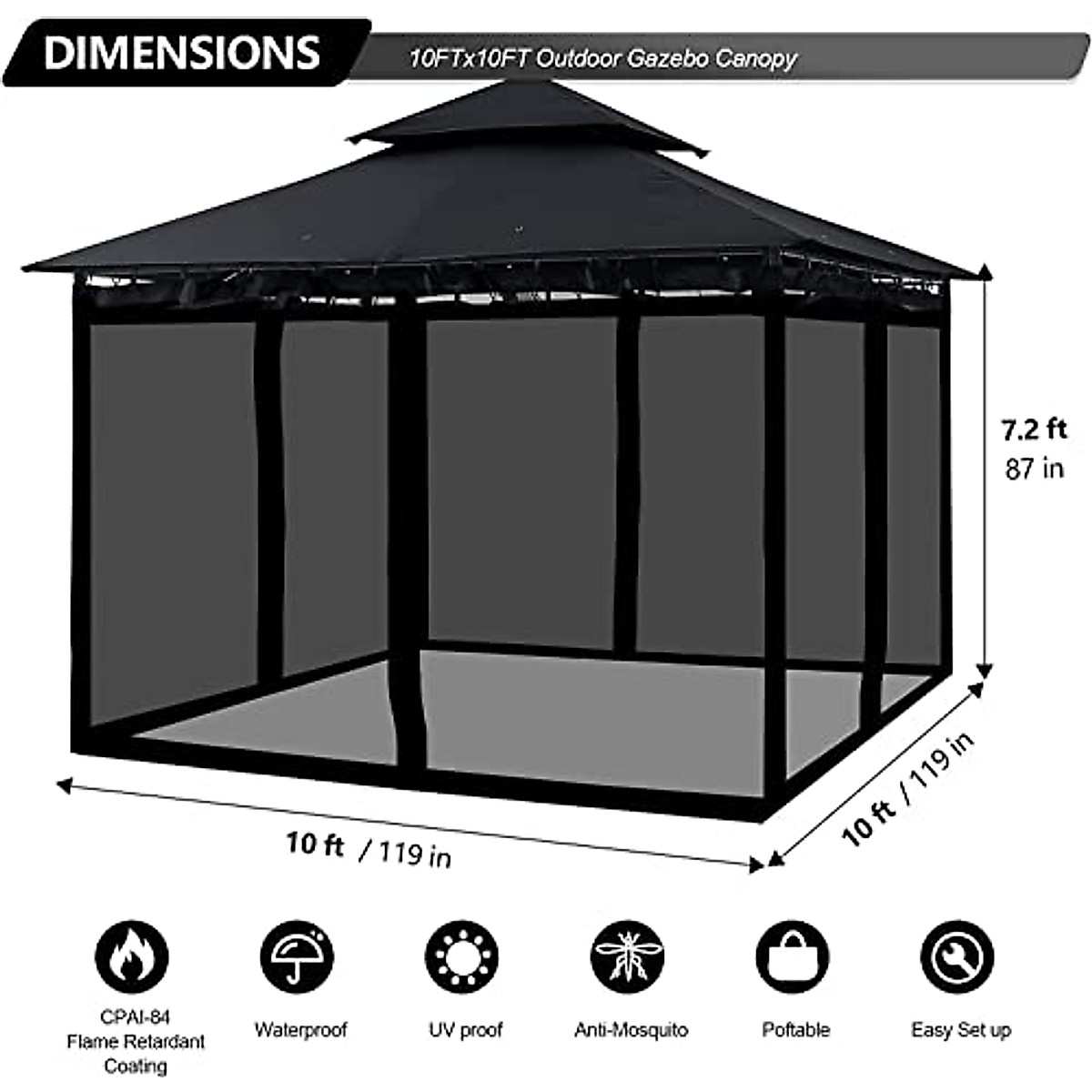 Mosquito Net for Outdoor Patio and Garden, Screen House for Camping and Deck, Zippered Mesh Sidewalls for 10x 10' Gazebo and Tent,Outdoor Gazebo Screenroom, (Black)…