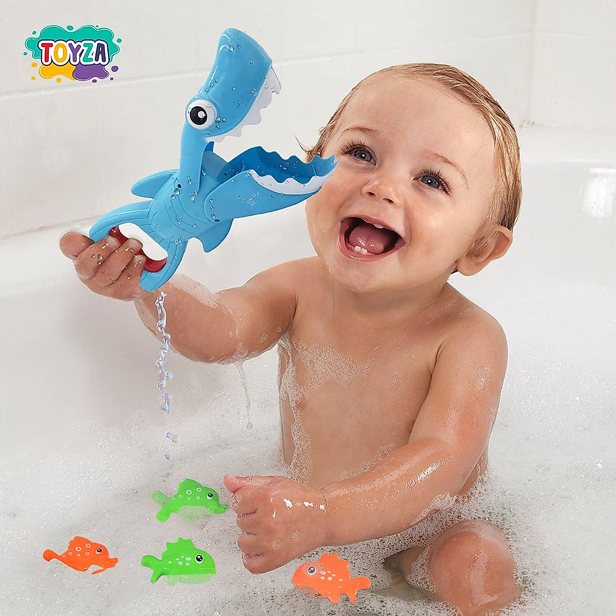 TOYZA Baby Bath Toys Shark Grabber/ Catch Game for Toddlers Boys - Girls with 4 Toy Fish Included for More Fun