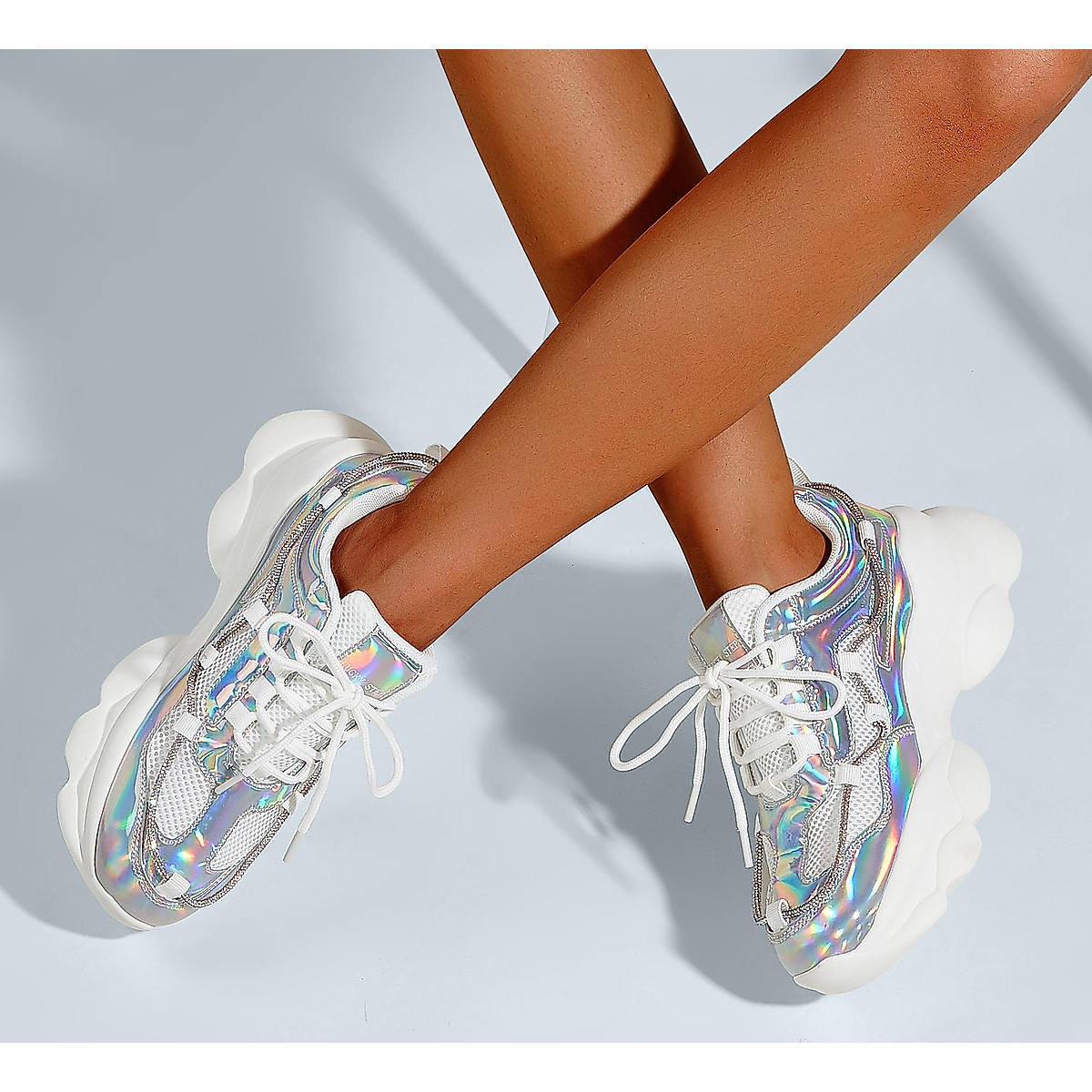 LUCKY STEP Women's 90s Chunky Sneakers Sparkly Bling Rhinestone Rope Platform Casual Thick Dad Rave Walking Shoes(Hologram Silver,7 B(M) US)