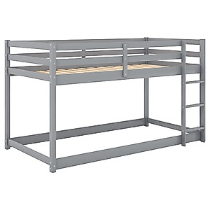 MWrouqfur Twin Over Twin Bunk Bed with Ladder & Safety Guardrails,Solid Pinewood Bedframe,Low Floor BunkBed for Boys and Girls Bedroom,Space Saving,No Box Spring Needed (Gray)