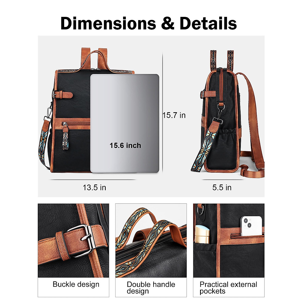 FADEON Leather Laptop Backpack for Women, Designer Ladies Work Travel Computer Backpack with Laptop Compartment Black Brown