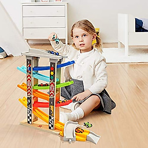 TOP BRIGHT Wooden Car Ramp Toddler Toys for 1 2 Year Old Boy Race Track, Race Car Ramp for One Two Year Old with 6 Mini Cars