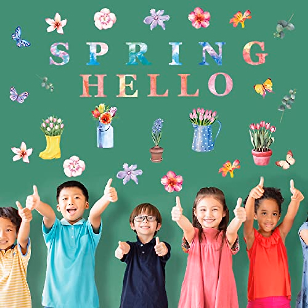 68 Pcs Hello Spring Cut Outs with 100 Pcs Glue Points Spring Floral Cut Outs Spring Bulletin Board Set Flower Plants Spring Cutouts Bulletin Board Decorations for Classroom School Game (Cute Style)