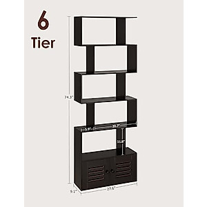 DINZI LVJ 6-Tier Bookshelf, S-Shaped Geometric Bookcase, Book Shelf with Cabinet, Display Shelf with Door, Freestanding Decorative Storage Shelving for Living Room, Home Office, Espresso