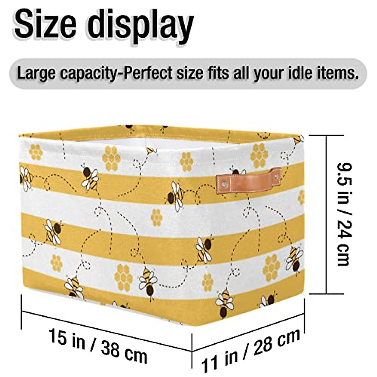 Storage Baskets with Handles, Bee Honeycomb Yellow White Stripe Storage Cube Rectangular Fabric Collapsible Toy Storage Bin Organizer for Closet Shelf Laundry Nursery Kids Bedroom, 15x11x9.5 In,1 Pack