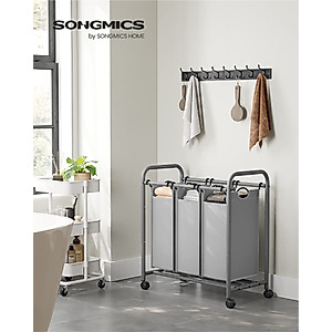 SONGMICS 3-Section Laundry Sorter, Laundry Basket with Wheels, Laundry Hamper with 3 Bags, Laundry Room Organizer, Removable Laundry Bag with Handles, Lockable Wheels, Gray ULSF003GS
