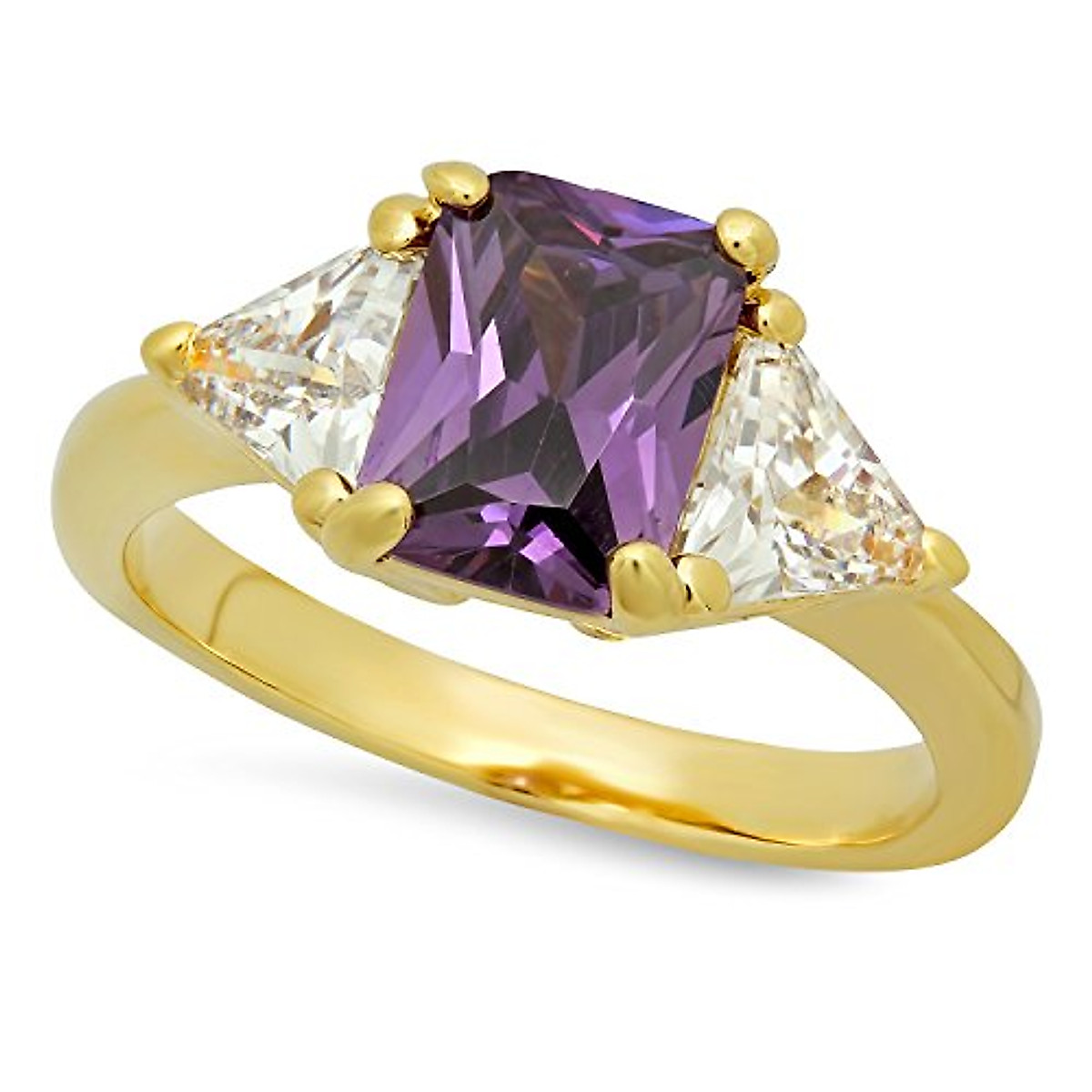 The Bling Factory Gold Plated Emerald-Cut Violet Purple CZ Three-Stone Ring, Size 6.5