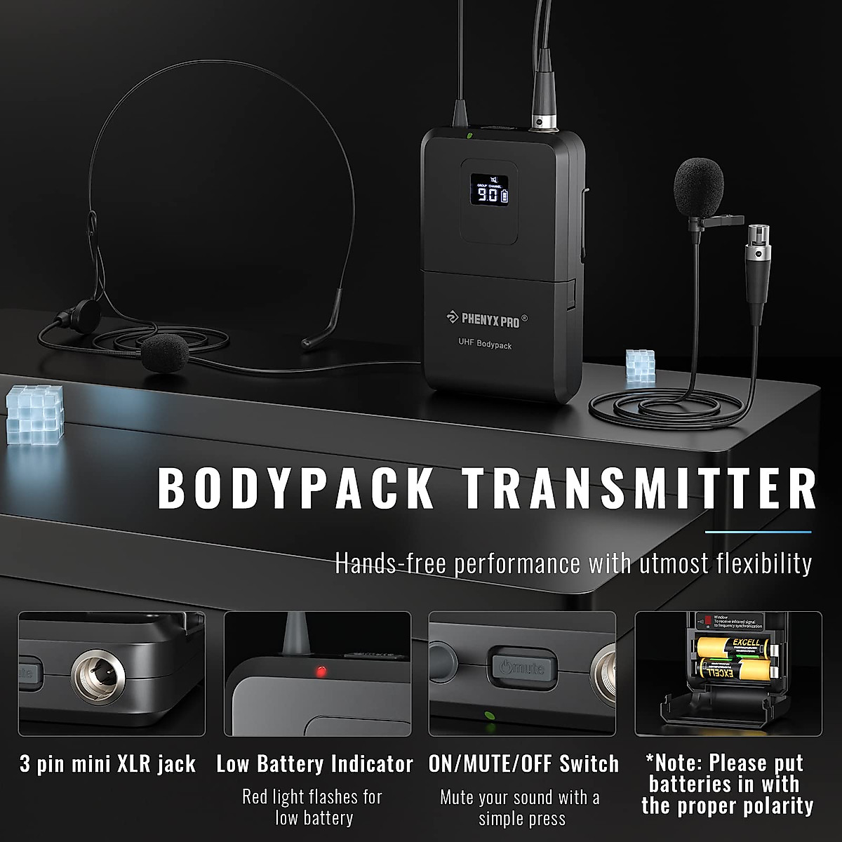 Phenyx Pro Wireless Microphone System, UHF 4-Channel Wireless Mic Set w/ 4 Bodypacks and Headsets/Lapel Mics, 4x40 Frequencies, Auto Scan,328ft Coverage, Mic for Singing, DJ, Church(PTU-7000-4B)