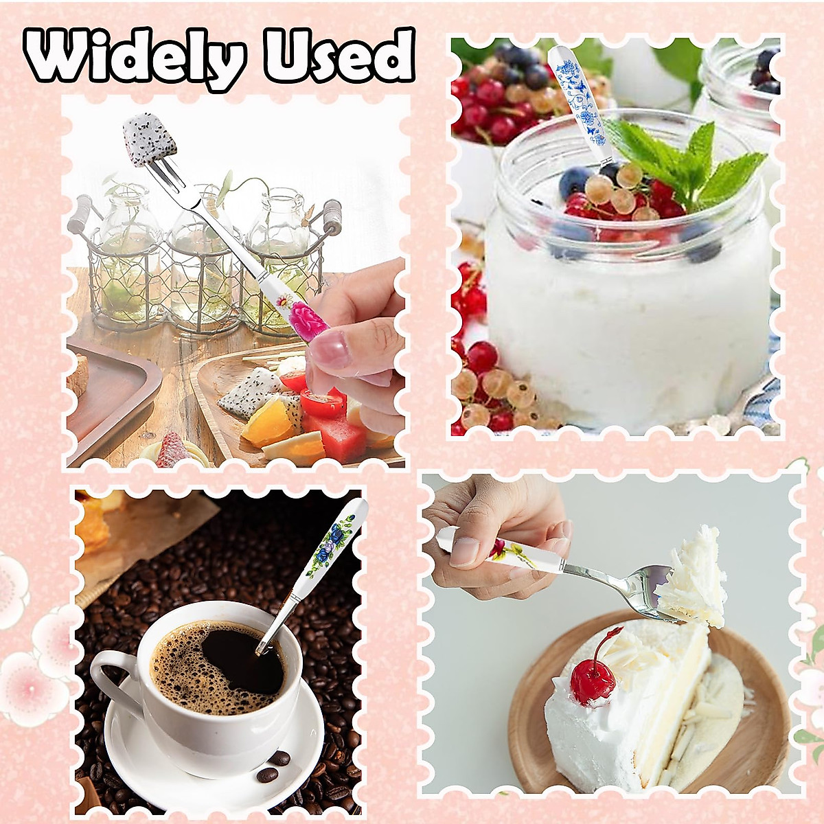 xlehoely 14 Pcs Dessert Forks and Spoons Silverware Set,Stainless Steel Cutlery Forks,Mini Coffee Spoons Pastry Forks with Porcelain Handles,Cake Forks Tea Spoons for Dessert Appetizers,Salad,Fruit