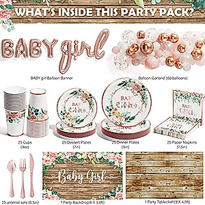 Ecomore Baby Shower Decorations for Girl - 249 PCS Baby Girl Gender Reveal Party Supplies & Disposable Dinnerware Set (25 Guest) with Pink Rose Gold Floral Paper Plates Backdrop Tablecloth Balloon Kit