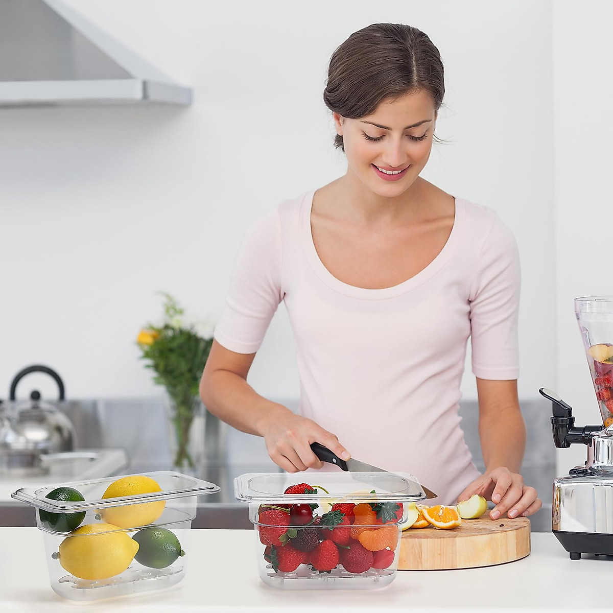 Sunnyray 6 Set 1/9 Size Polycarbonate Food Pans with Lids and Drain Shelf Deep Square Food Storage Containers for Kitchen Restaurant Fruit Vegetable Storage